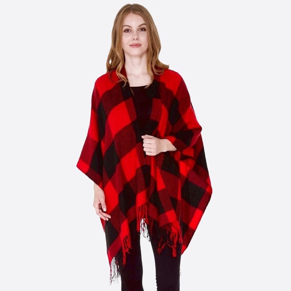 Accessories | Red Black Buffalo Check Ruana With Fringe | Poshmark